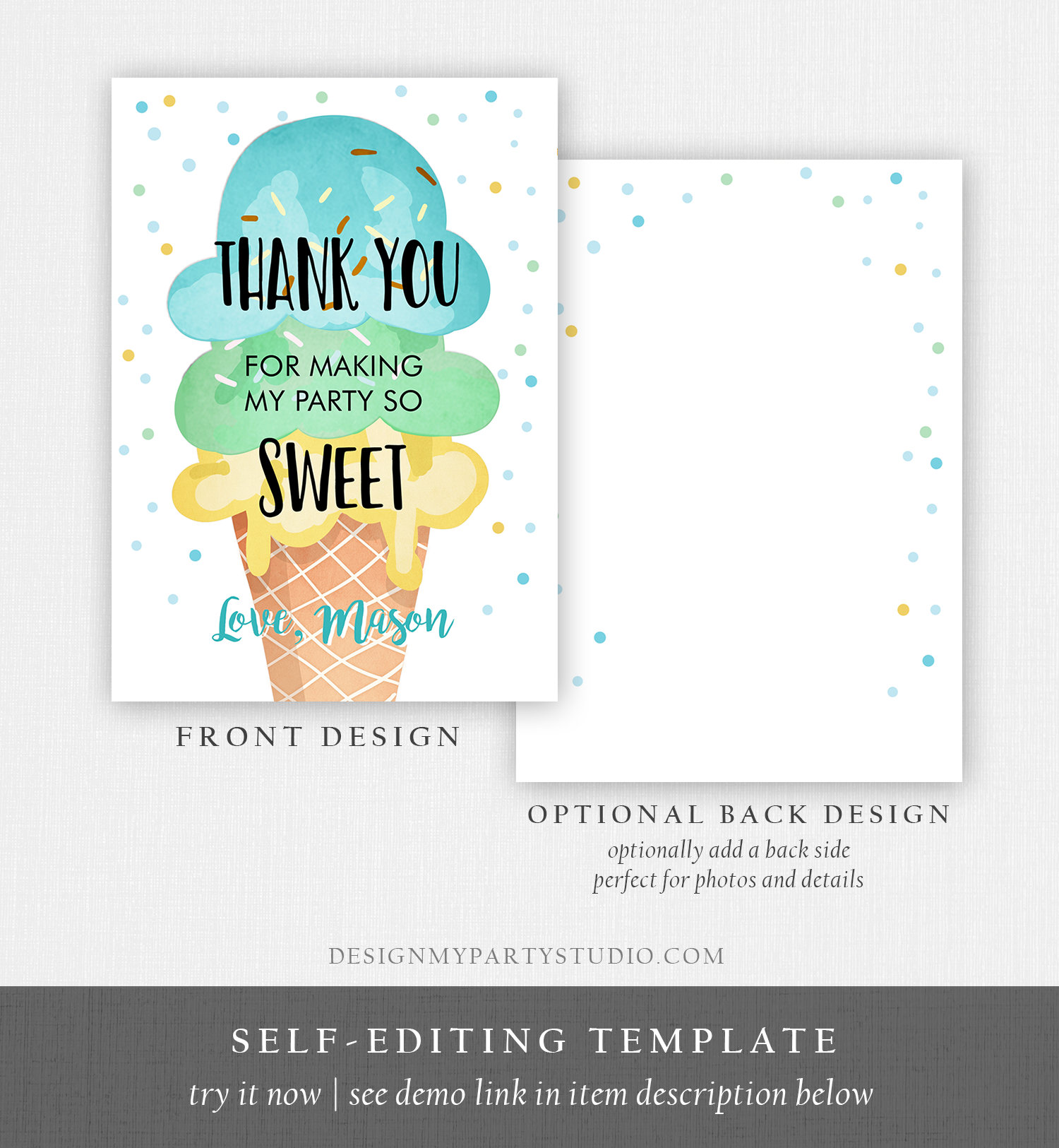 Editable Ice Cream Thank You Card Ice Cream Birthday Thank You Note Boy ...