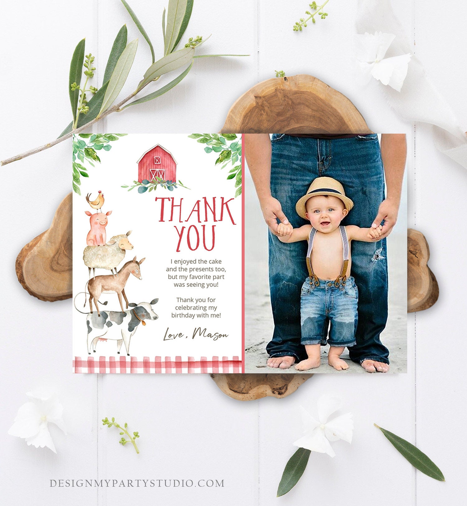Editable Farm Animals Thank You Card Red Gingham Boy Farm Birthday ...