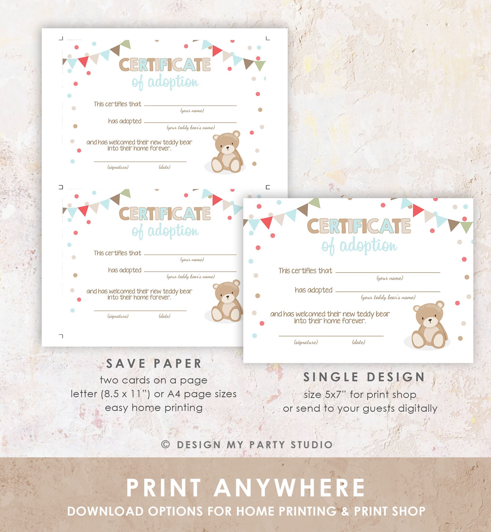 Teddy Bear Adoption Certificate Teddy Bear Birthday Teddy Bear Picnic ...