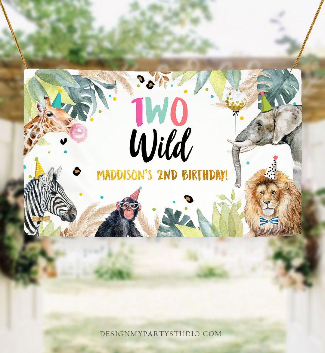 Editable Party Animals Two Wild Backdrop Banner Safari Animals Girl ...