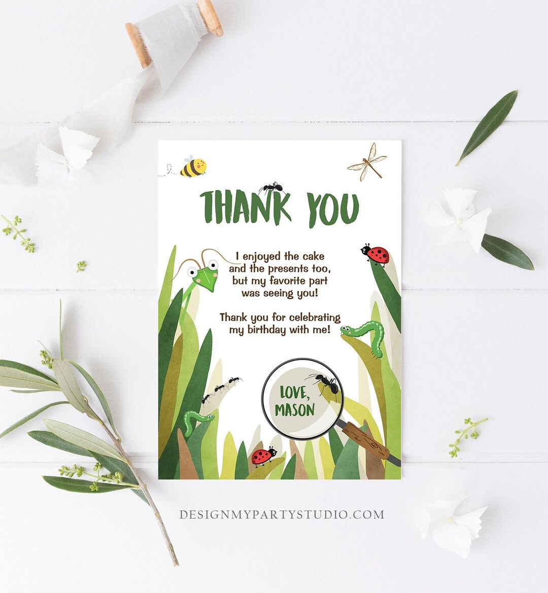 Editable Thank You Card Bug Thank You Note Bug Birthday Insect Party ...