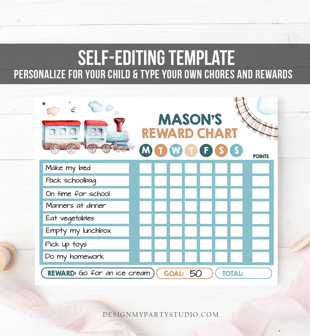 Editable Train Reward Chart Boy Girl Blue Vintage Train Locomotive ...