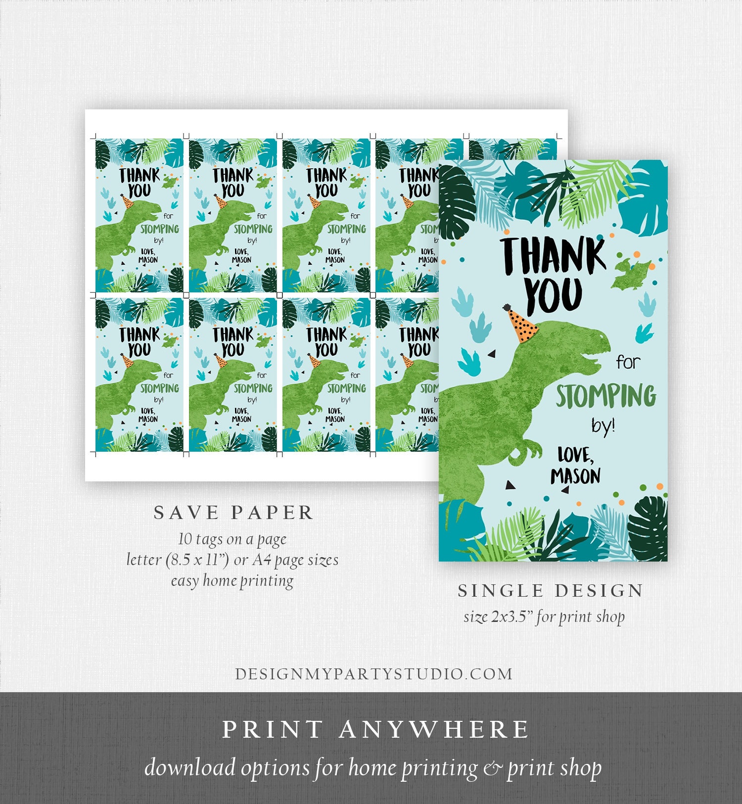 Editable Dinosaur Birthday Favor Tags Gift Tag Boy Green Blue | Etsy