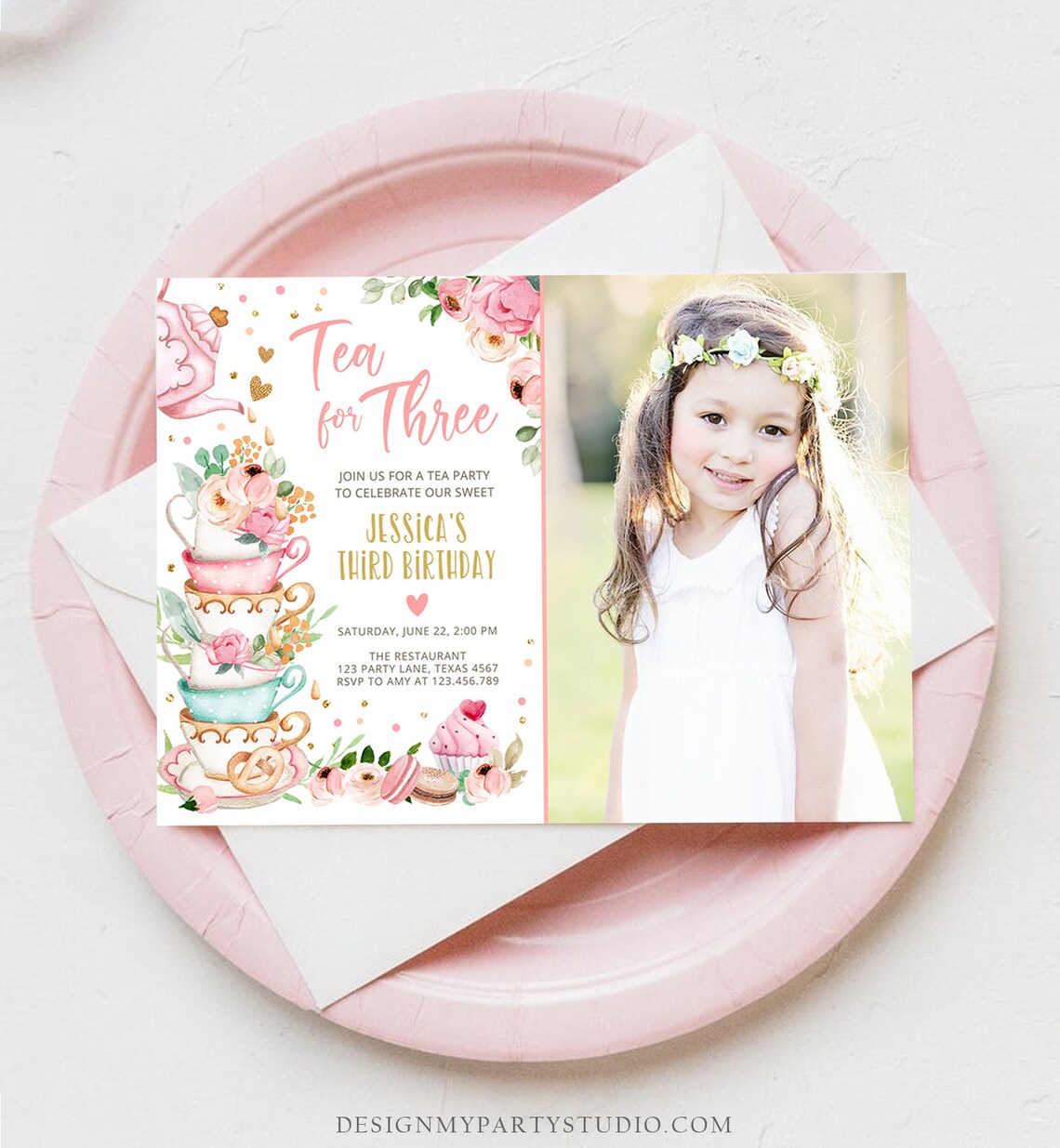Editable Tea for Three Birthday Invitation Girl Tea Party Invite Pink ...