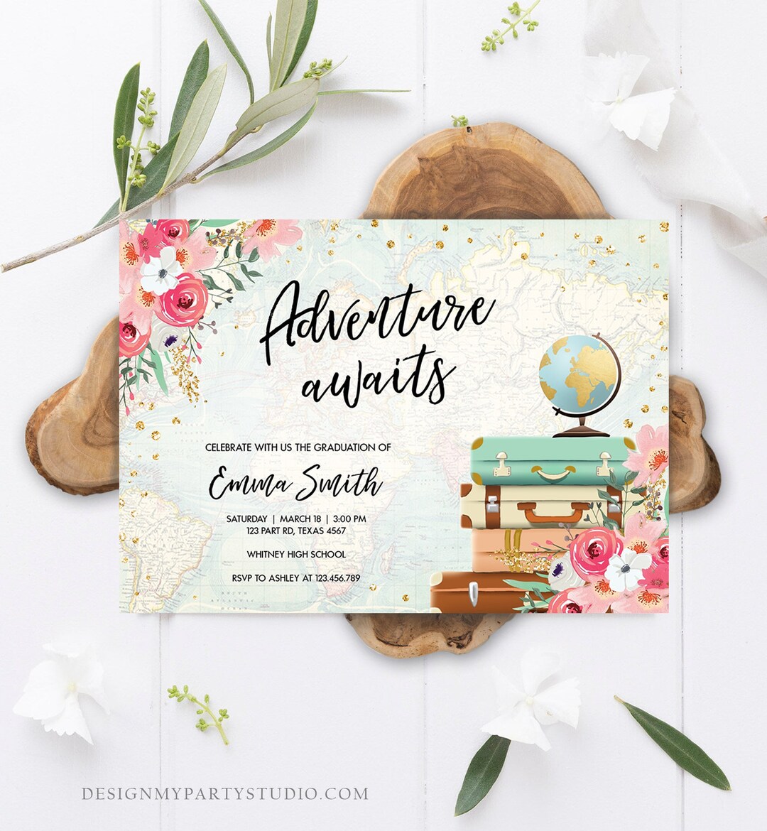 Editable Adventure Awaits Graduation Party Invitation Vintage Travel ...