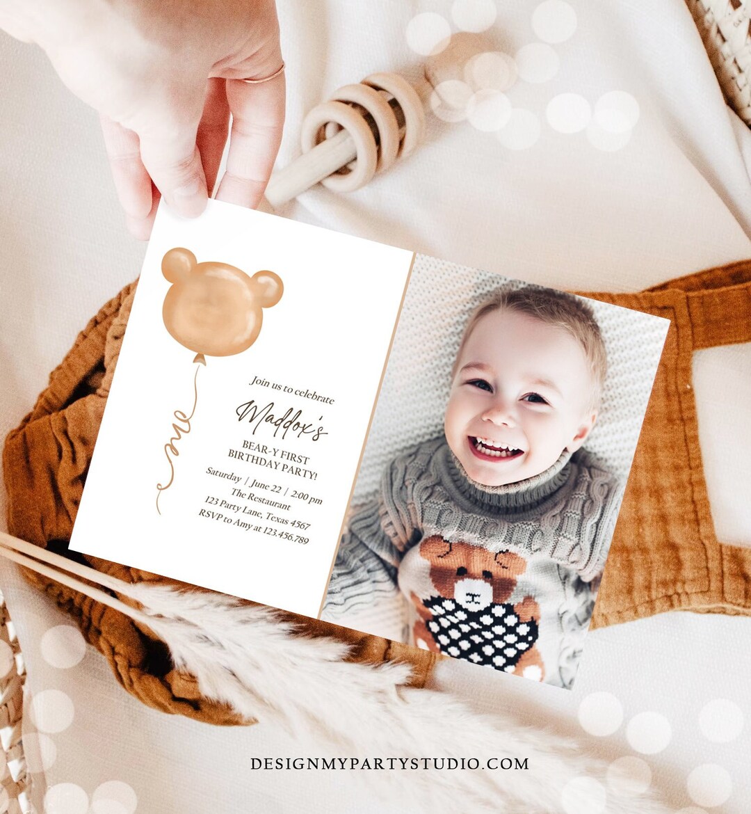 Editable Bear Birthday Invitation Bear Balloon Modern Teddy Bears ...