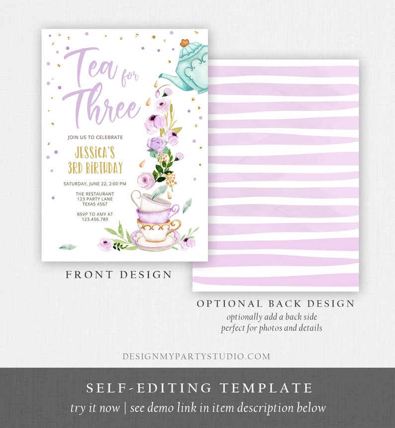 Editable Tea for Three Birthday Invitation Girl Tea Party Invite Pink ...