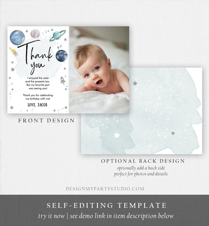 Editable Space Birthday Thank You Card Space Astronaut to the Moon ...