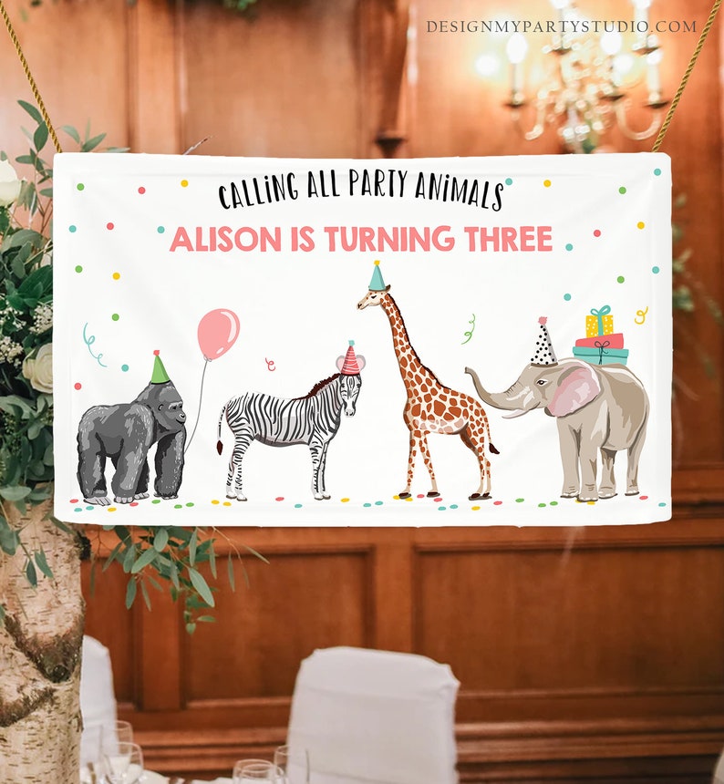Editable Party Animals Birthday Backdrop Banner Safari Animals - Etsy