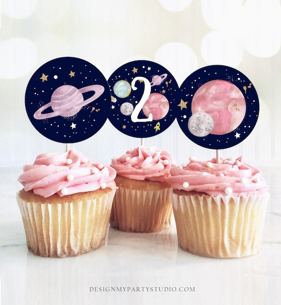 Outer Space Birthday Cupcake Toppers Two the Moon Birthday | Etsy
