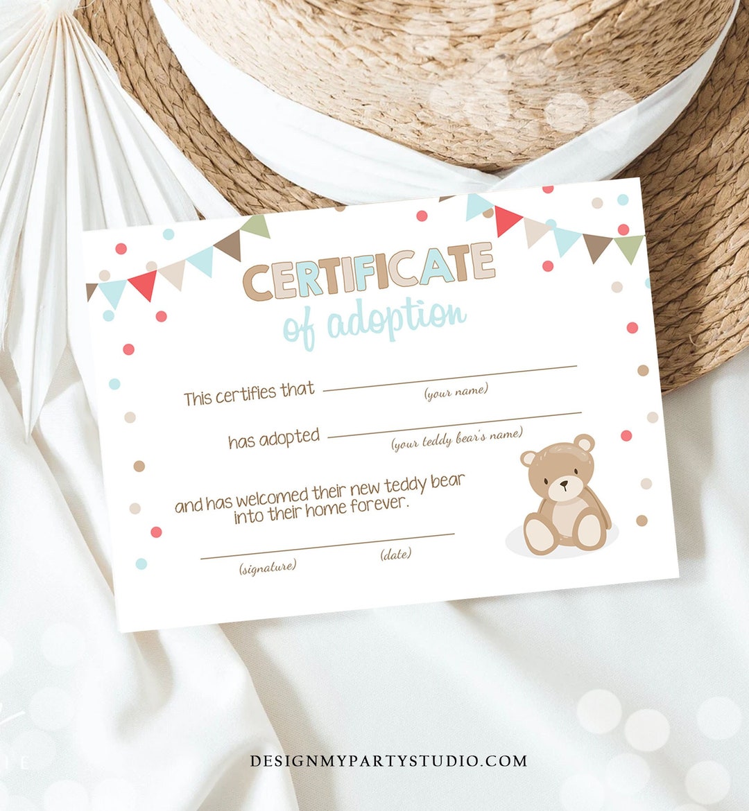 Teddy Bear Adoption Certificate Teddy Bear Birthday Teddy Bear Picnic ...