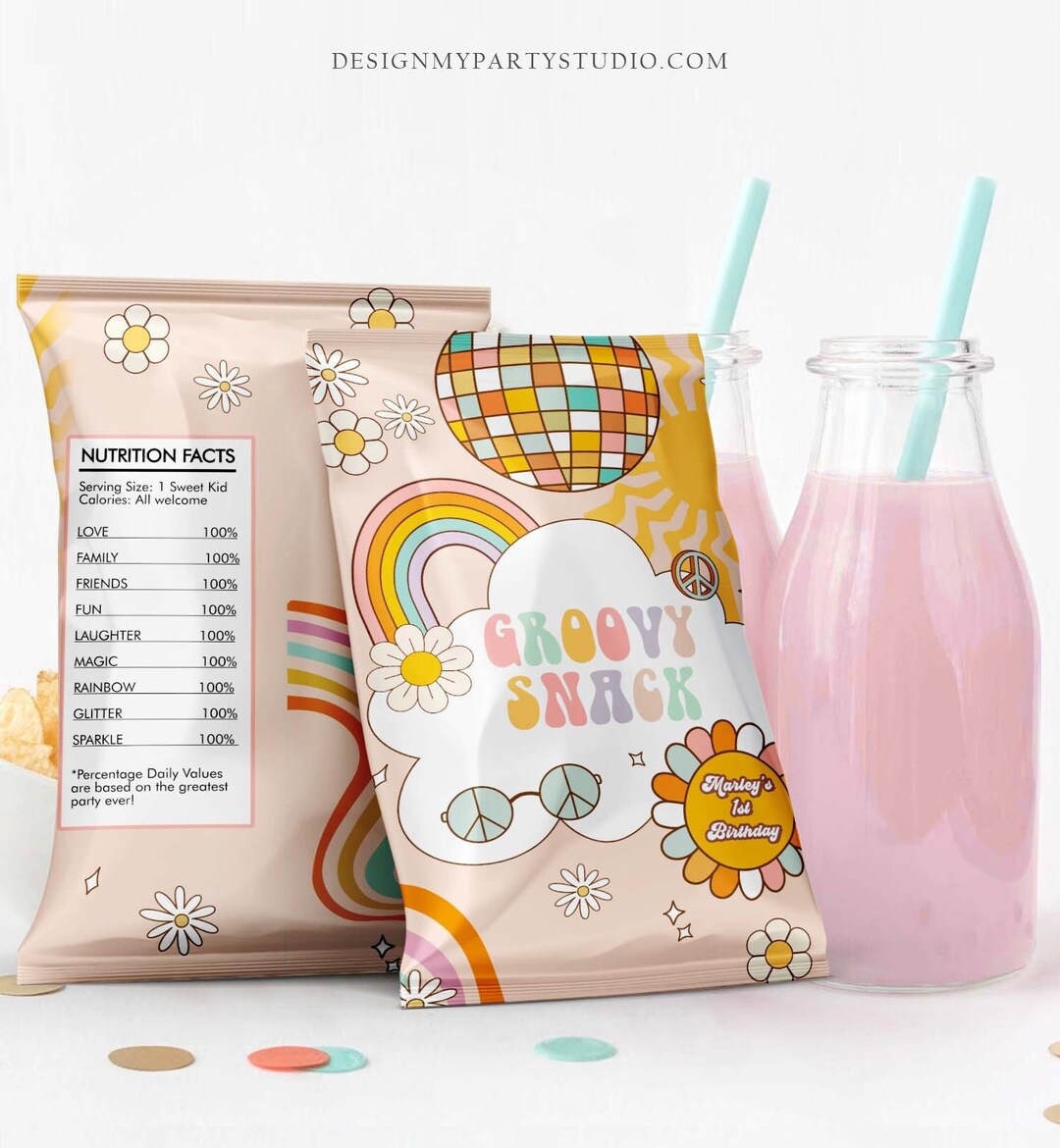 Editable Retro Groovy Snack Birthday Chip Bag Retro Groovy Party Decor ...