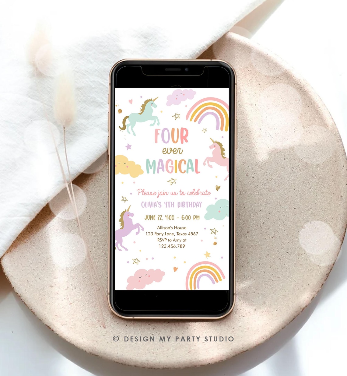 Editable Unicorn 4th Birthday Evite Magical Party Invite Girl Pastel ...
