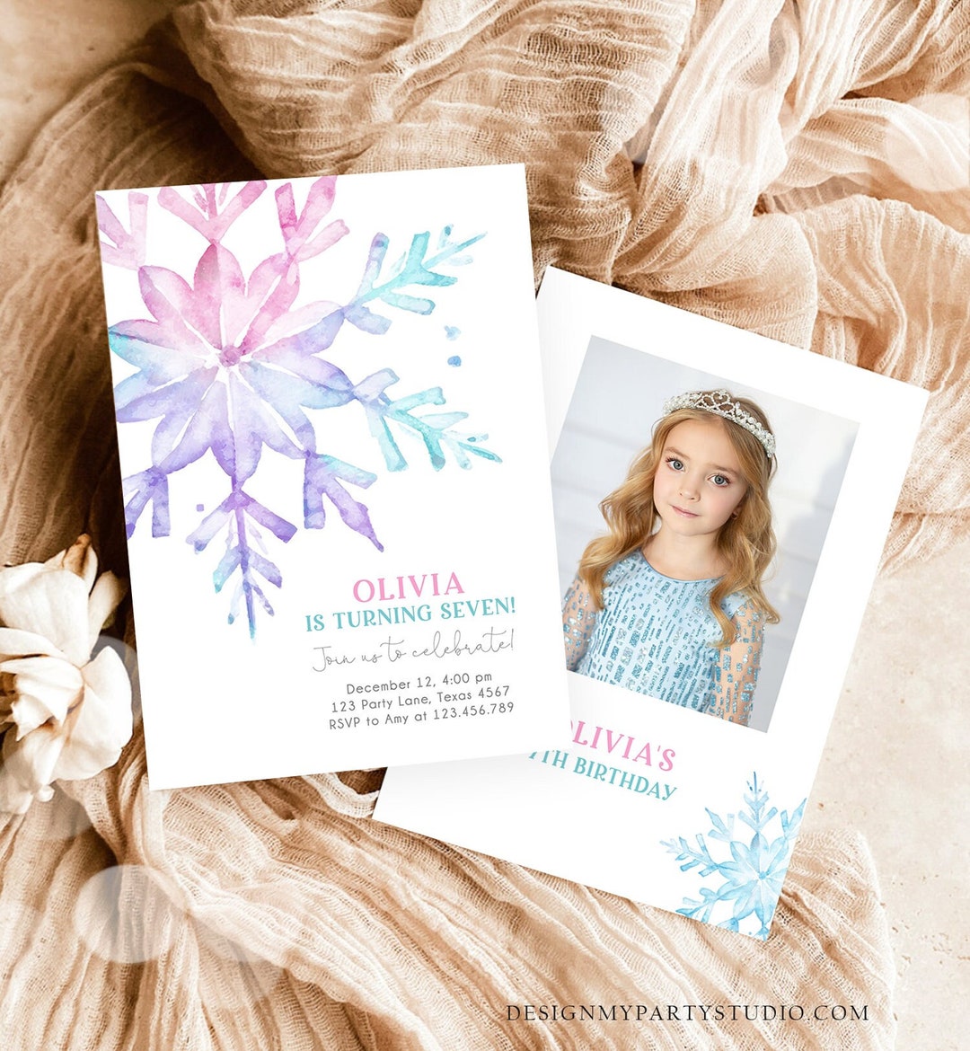 Editable Winter Birthday Invitation Snowflake Birthday Girl Pink Purple ...
