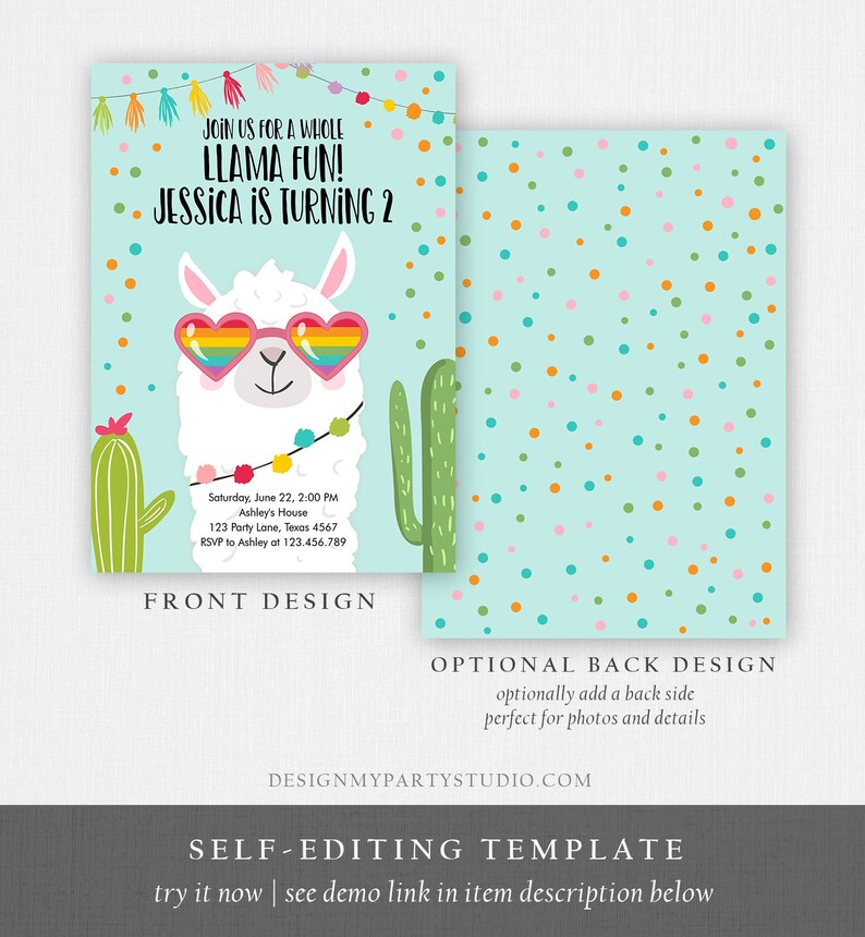 Editable Whole Llama Fun Birthday Invitation Llama Fiesta - Etsy