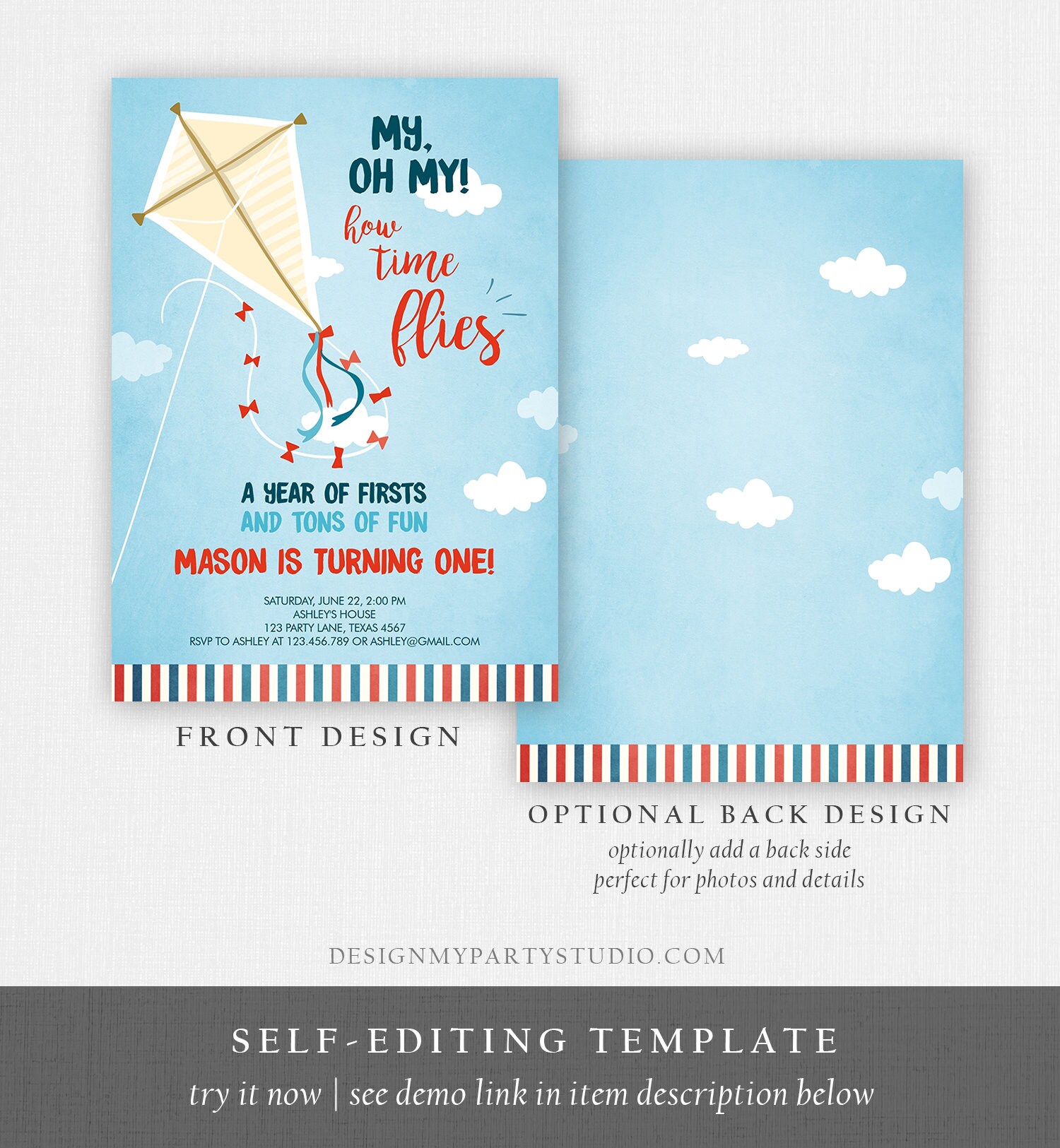 Editable Kite Birthday Invitation Oh My Time Flies First | Etsy