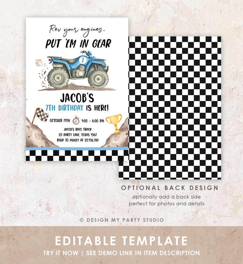 Editable Quad Birthday Invitation ATV Rev Your Engines Race on Over Off ...