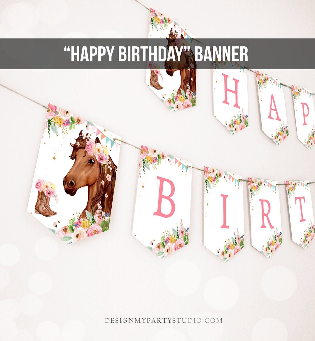 Happy Birthday Banner Horse Birthday Banner Saddle up Watercolor ...
