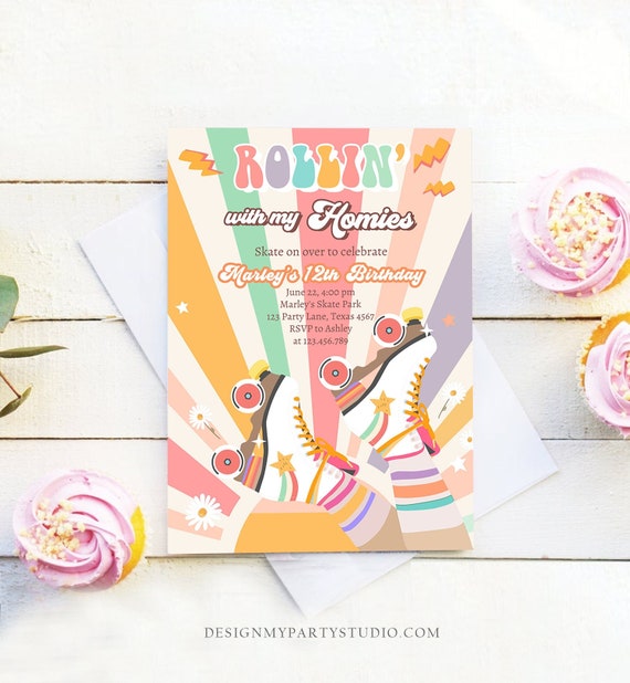 Editable Retro Roller Skate Birthday Party Invitation Rollin' With My ...