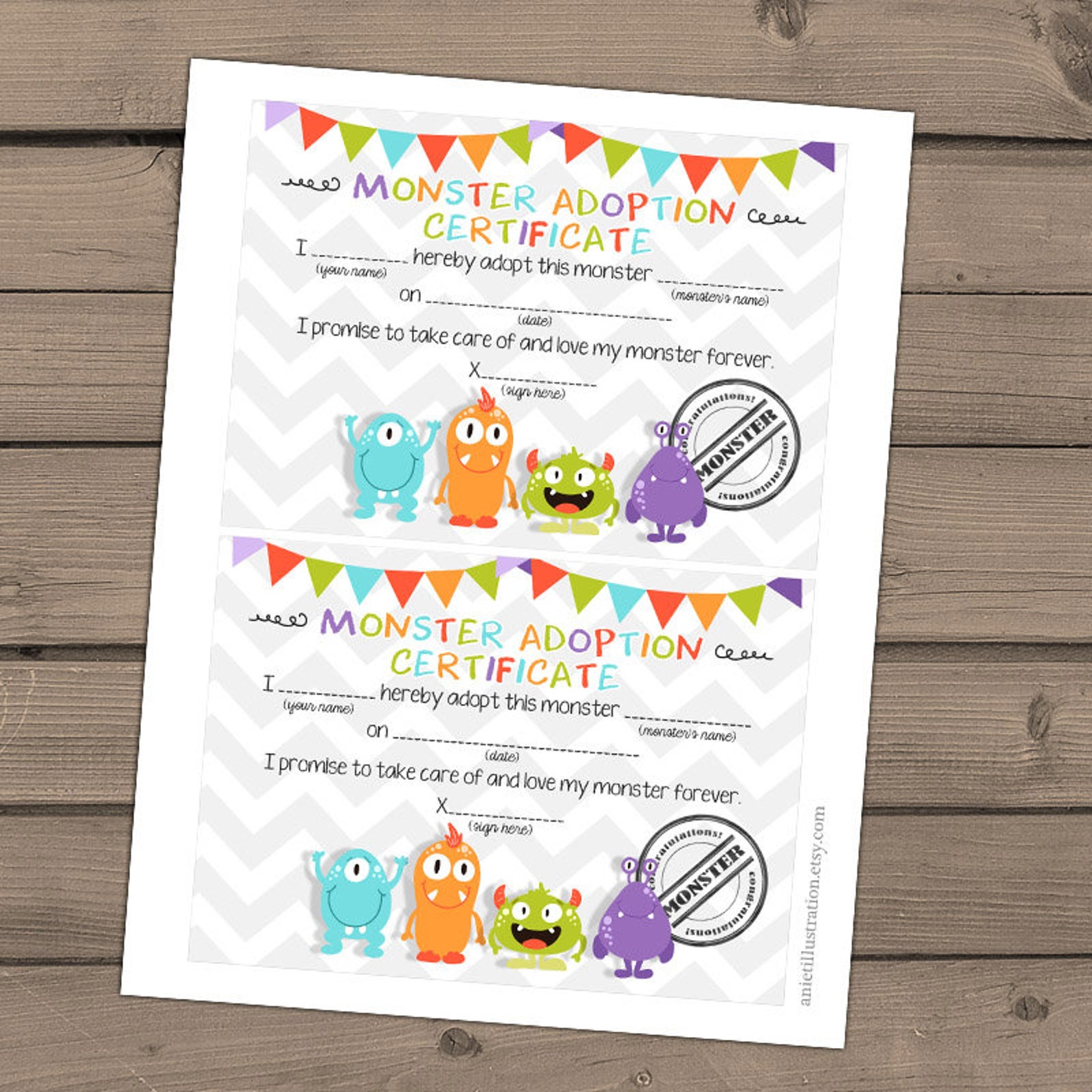 Adopt a Monster Certificate and Sign Monster Birthday Monster | Etsy