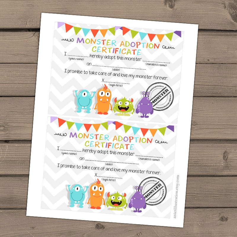 Adopt a Monster Certificate and Sign Monster Birthday Monster - Etsy Canada