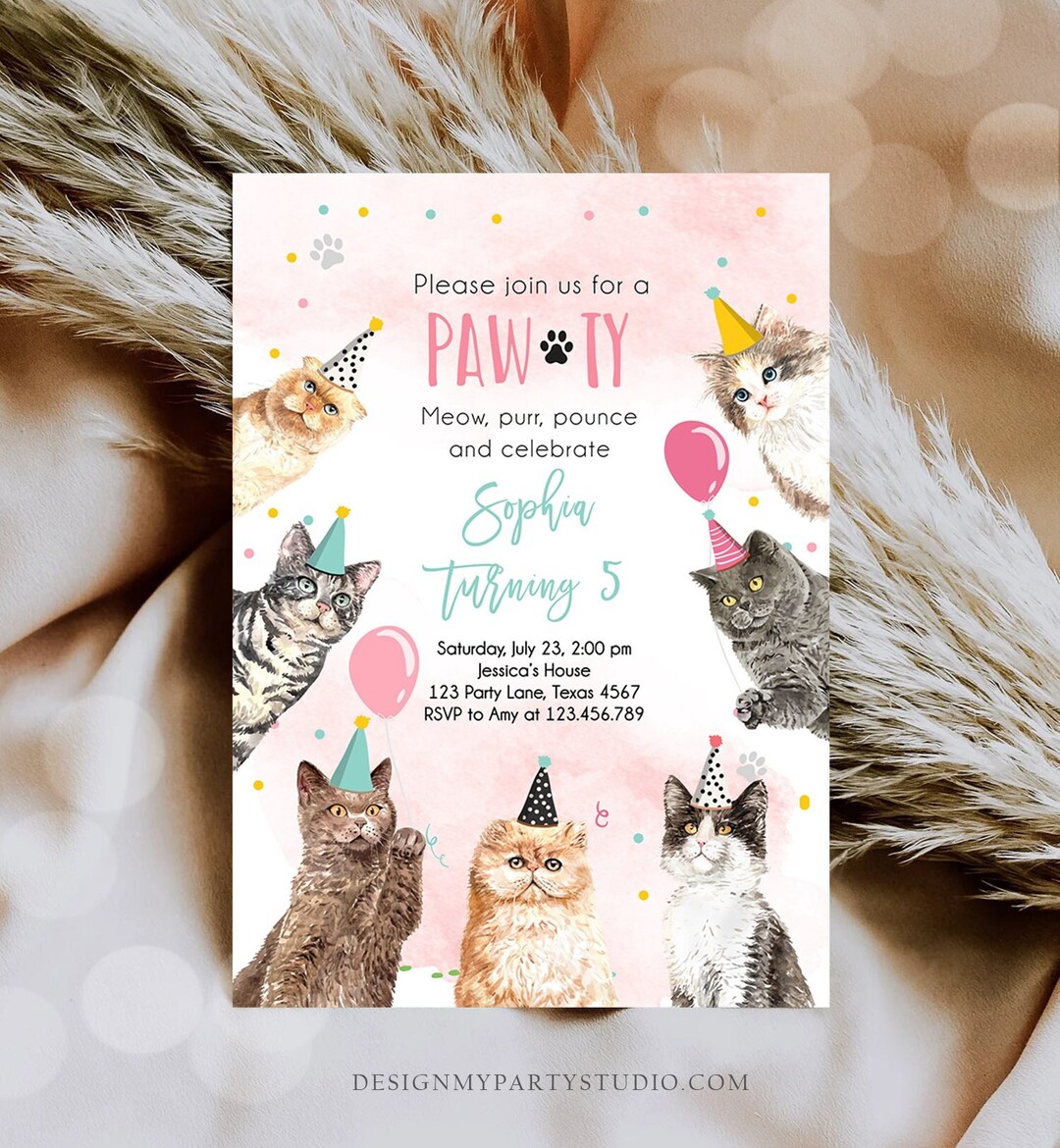 Editable Cat Birthday Party Invitation Kitten Birthday Invite Pink Girl ...