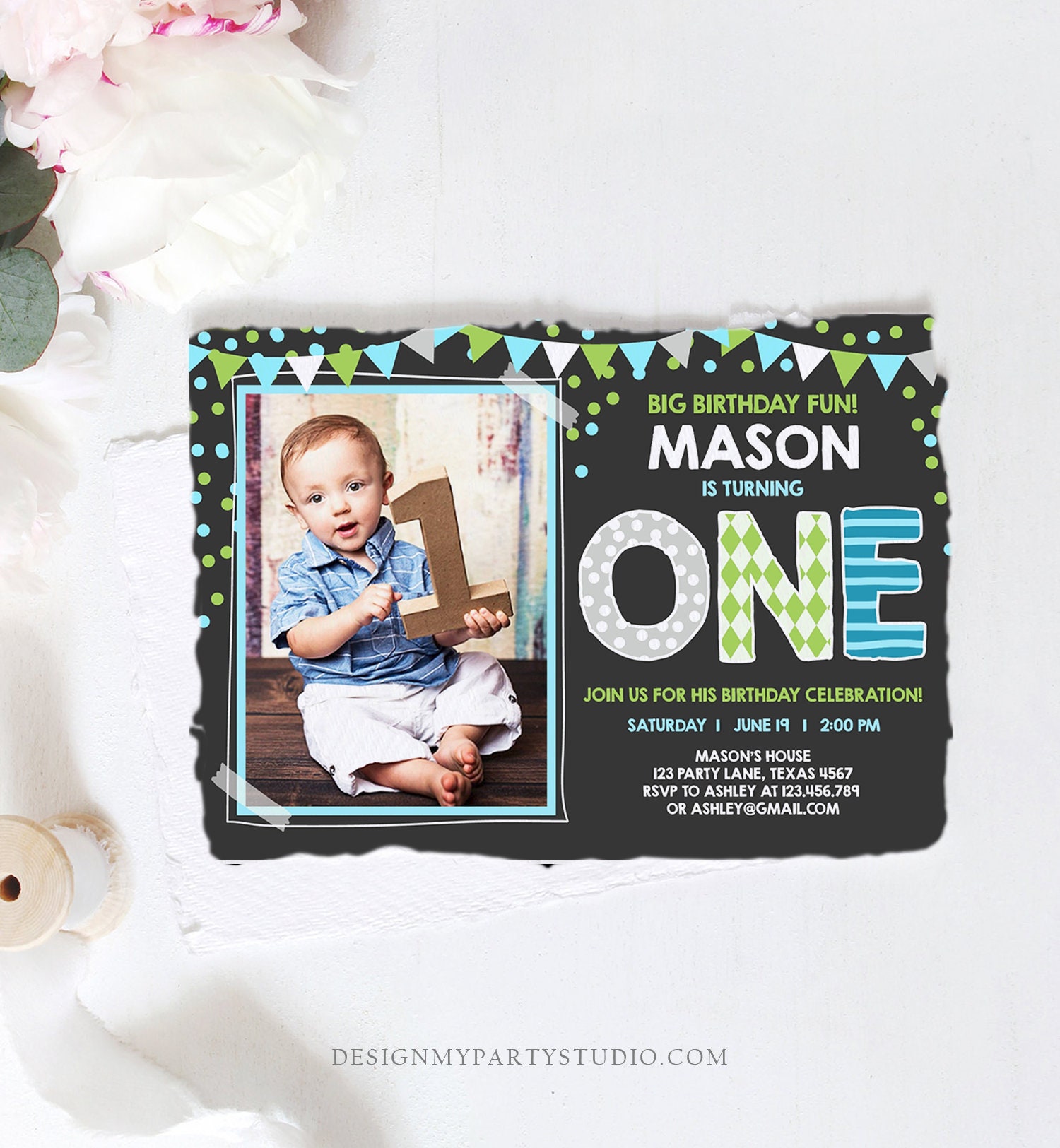 Editable Boy First Birthday Invitation One Green Blue Paper - Etsy