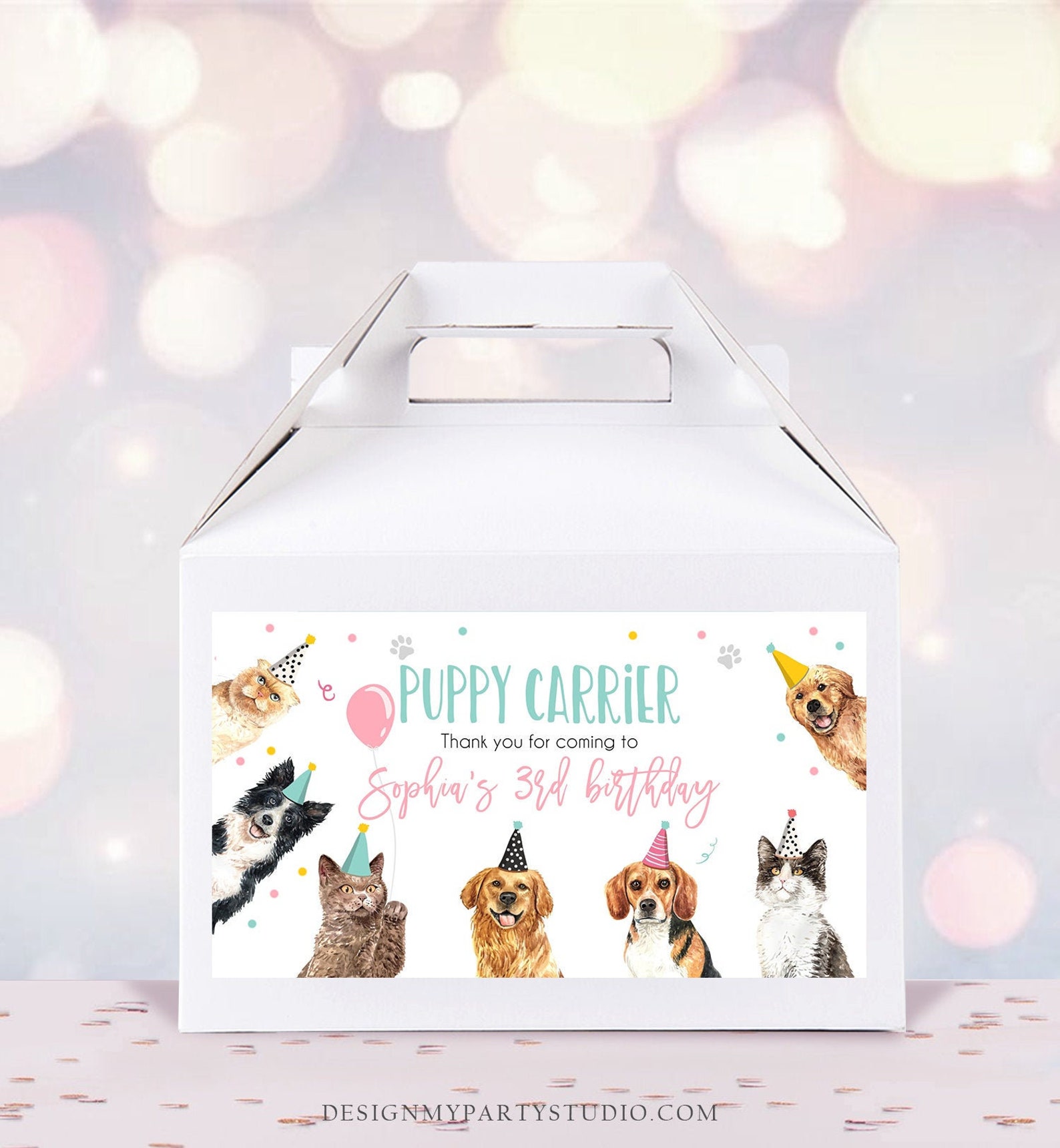 Editable Cats and Dogs Favors Puppy Carrier Box Label Puppy Birthday ...