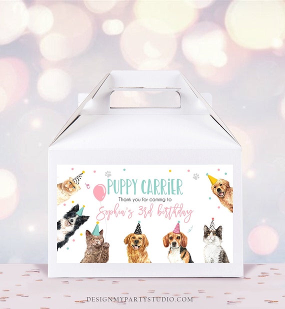 Editable Cats and Dogs Favors Puppy Carrier Box Label Puppy Birthday ...