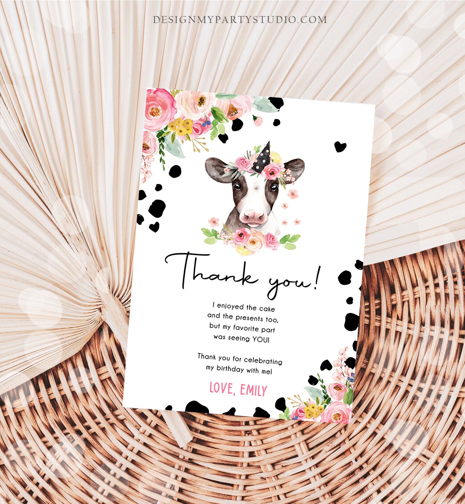 Editable Cow Thank You Card Birthday Girl Farm Animals Pink - Etsy
