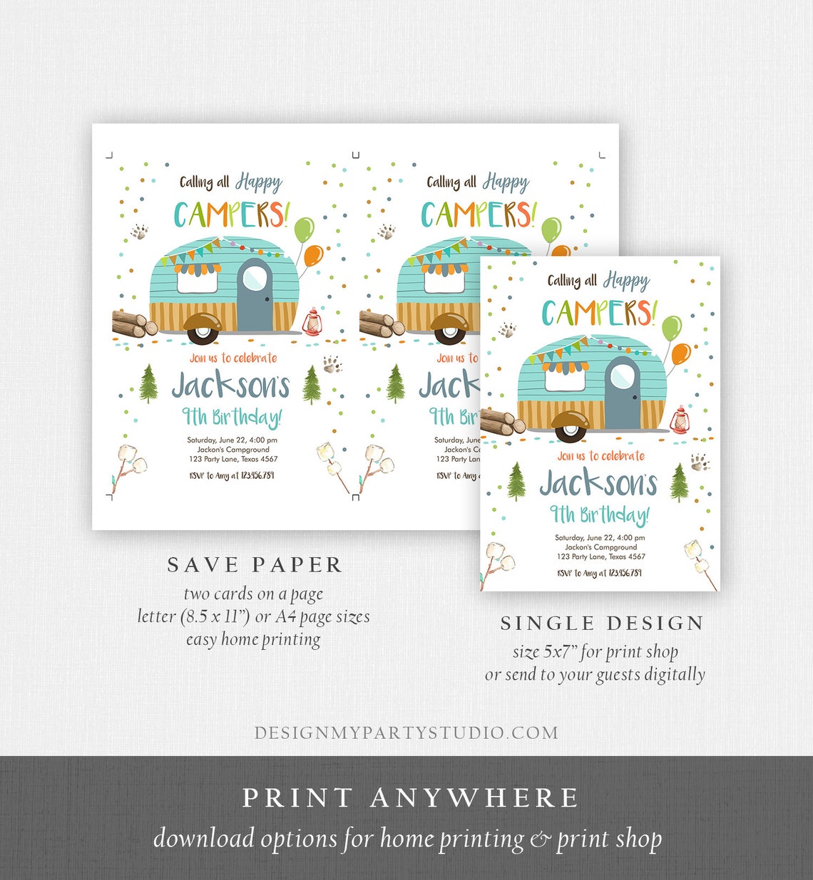 Editable Happy Camper Birthday Invitation Boy Birthday Camping Party S ...