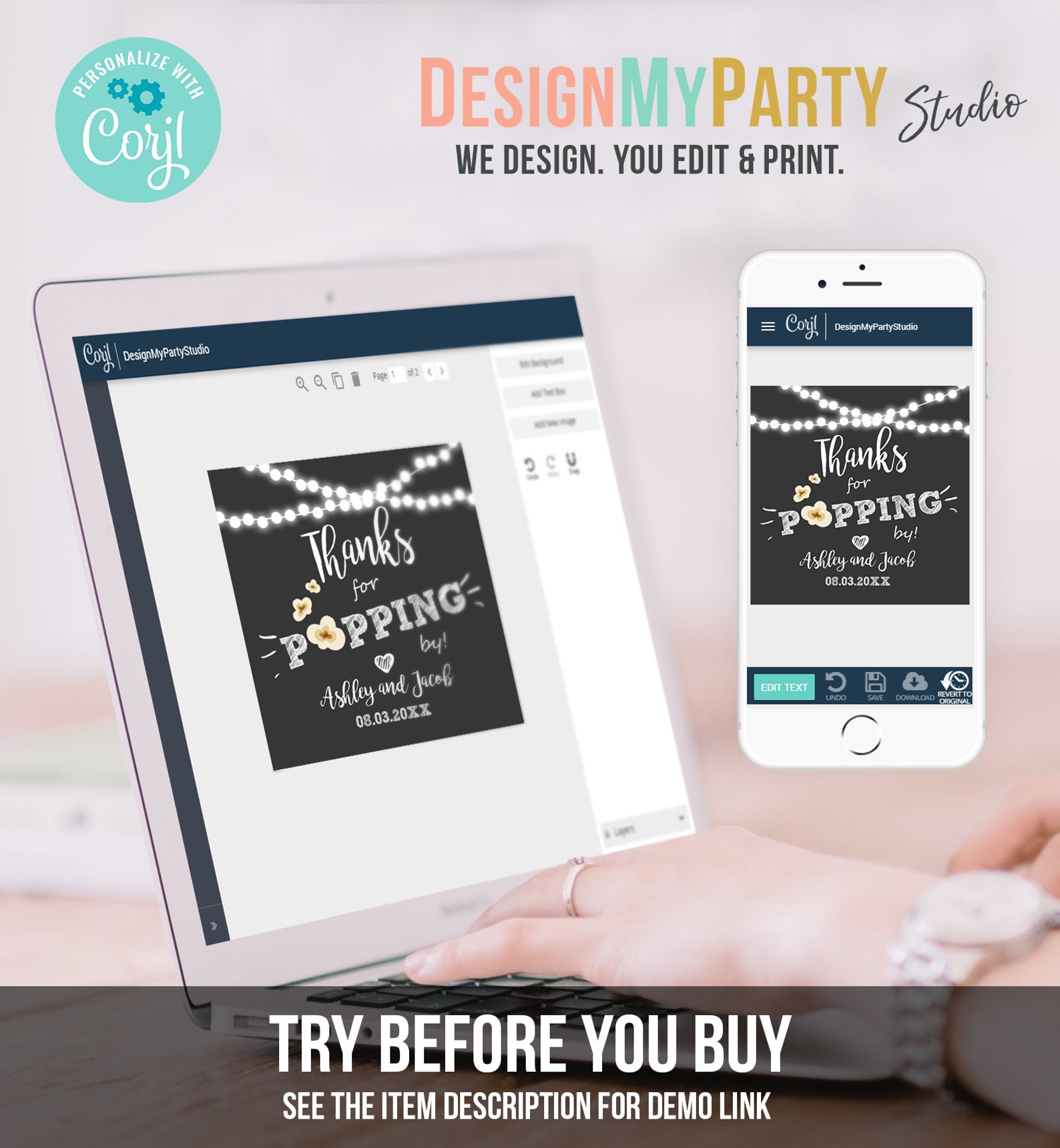 Editable Thanks for Popping by Gift Popcorn Favor Tag String Lights ...