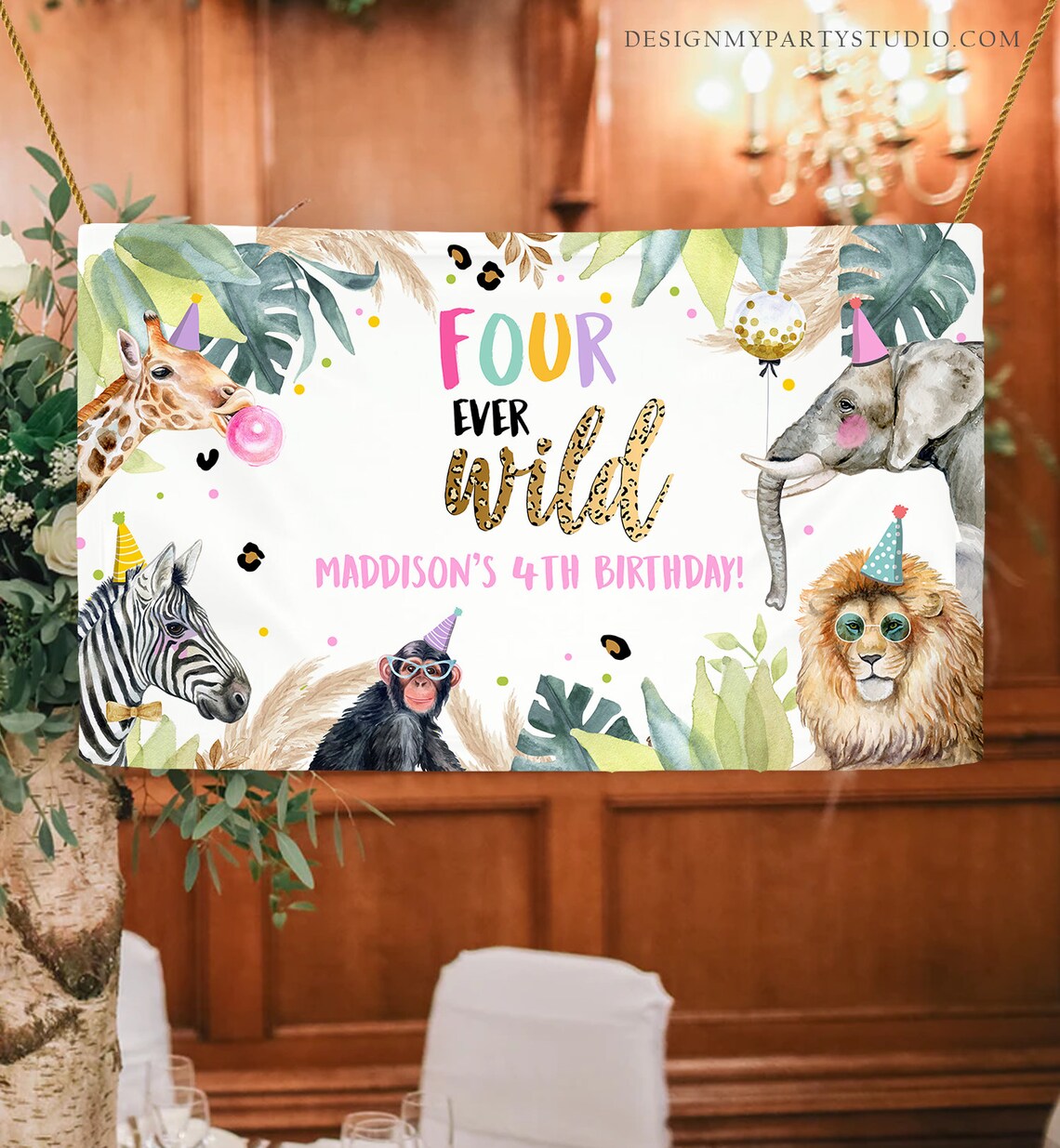 Editable Party Animals Four Ever Wild Backdrop Banner Safari Animals ...