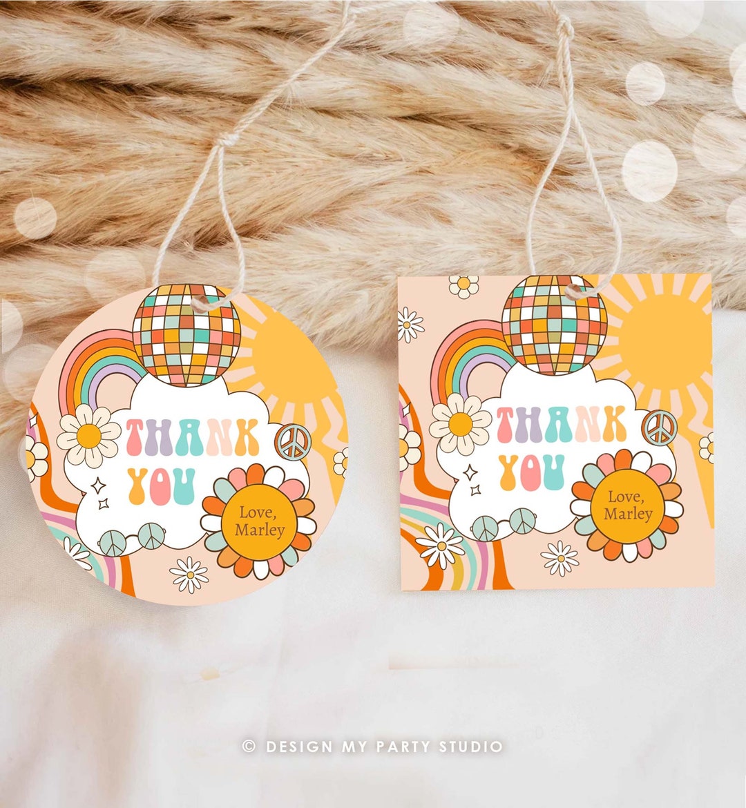 Editable Groovy Favor Tag Birthday Hippie Boho Retro Flower Power 70's ...