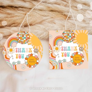 Editable Groovy Favor Tag Birthday Hippie Boho Retro Flower Power 70's ...