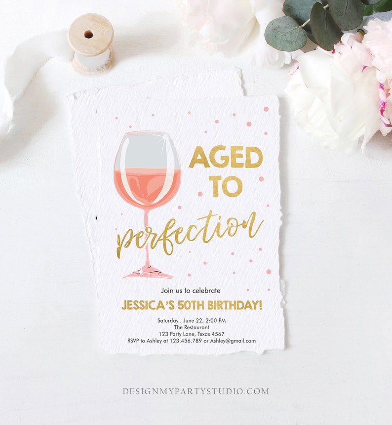 Editable Aged To Perfection Birthday Invitation Pink Rose Wine Etsy