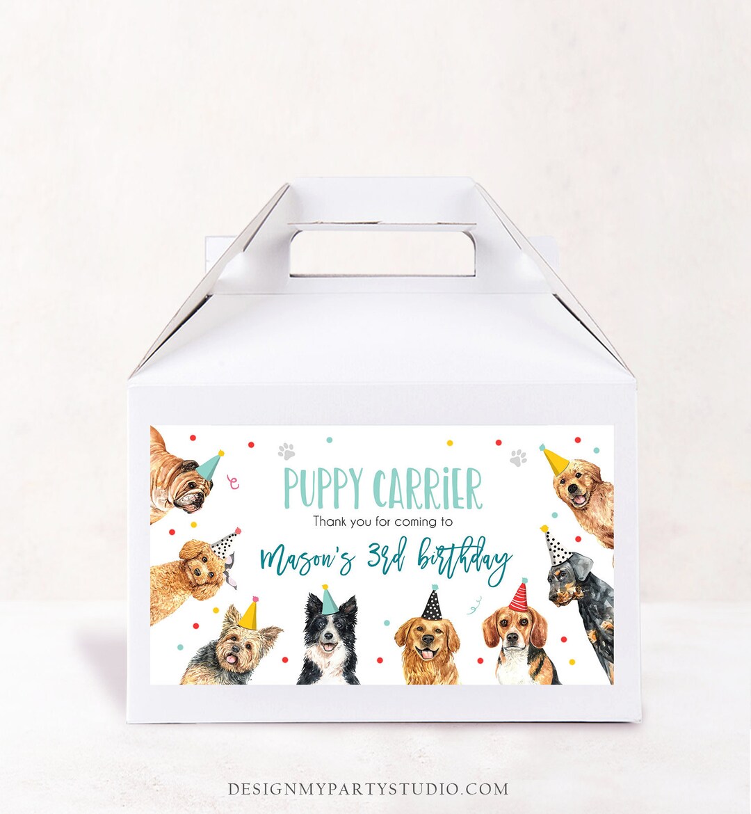 Editable Puppy Carrier Box Favor Label Puppy Birthday Favor Box Label ...
