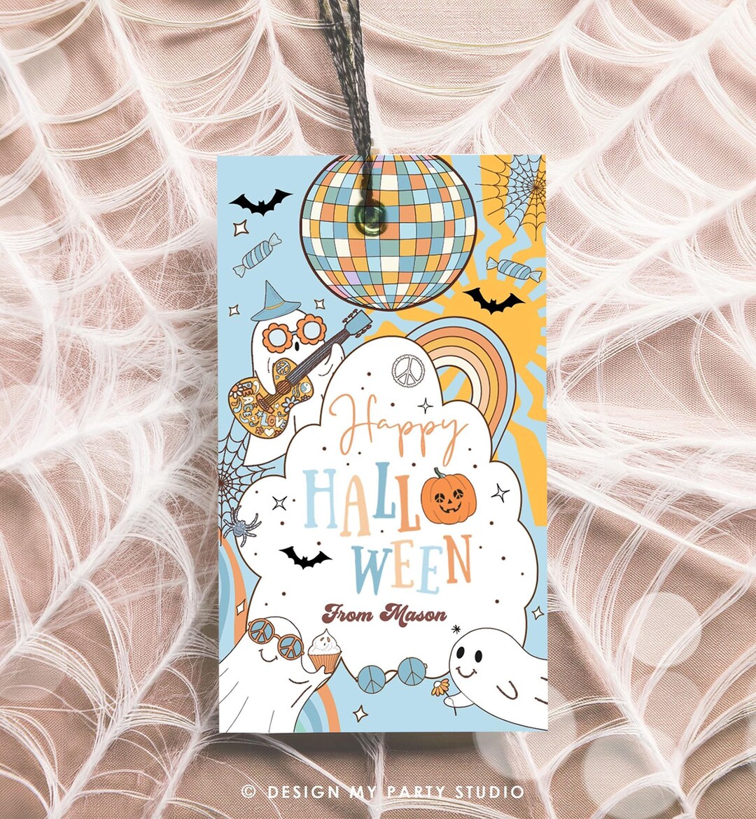 Editable Happy Halloween Retro Groovy Ghost Gift Tag Spooky Vibes Favor ...
