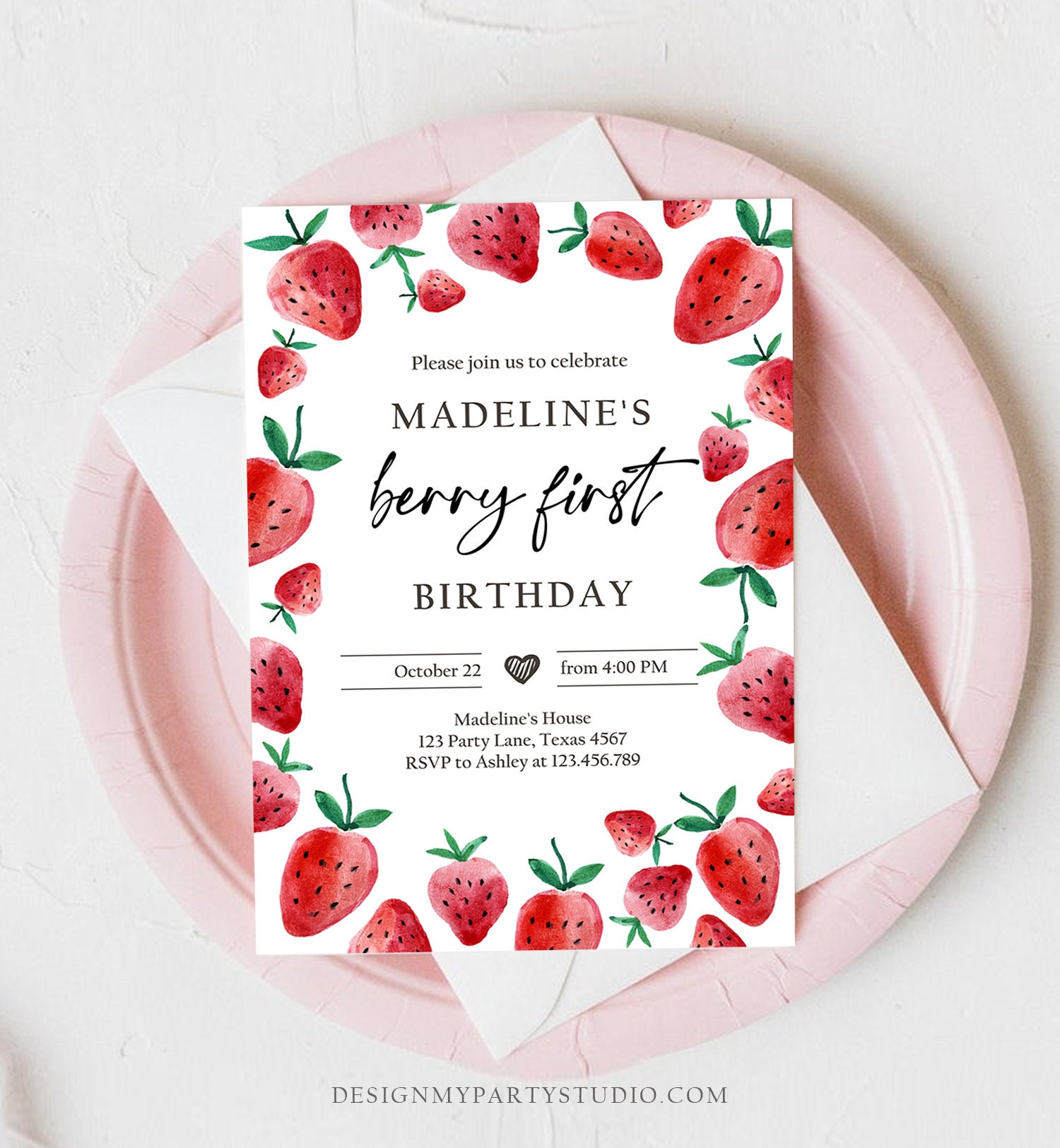 electronic invitation Editable Berry First Birthday Invitation ...