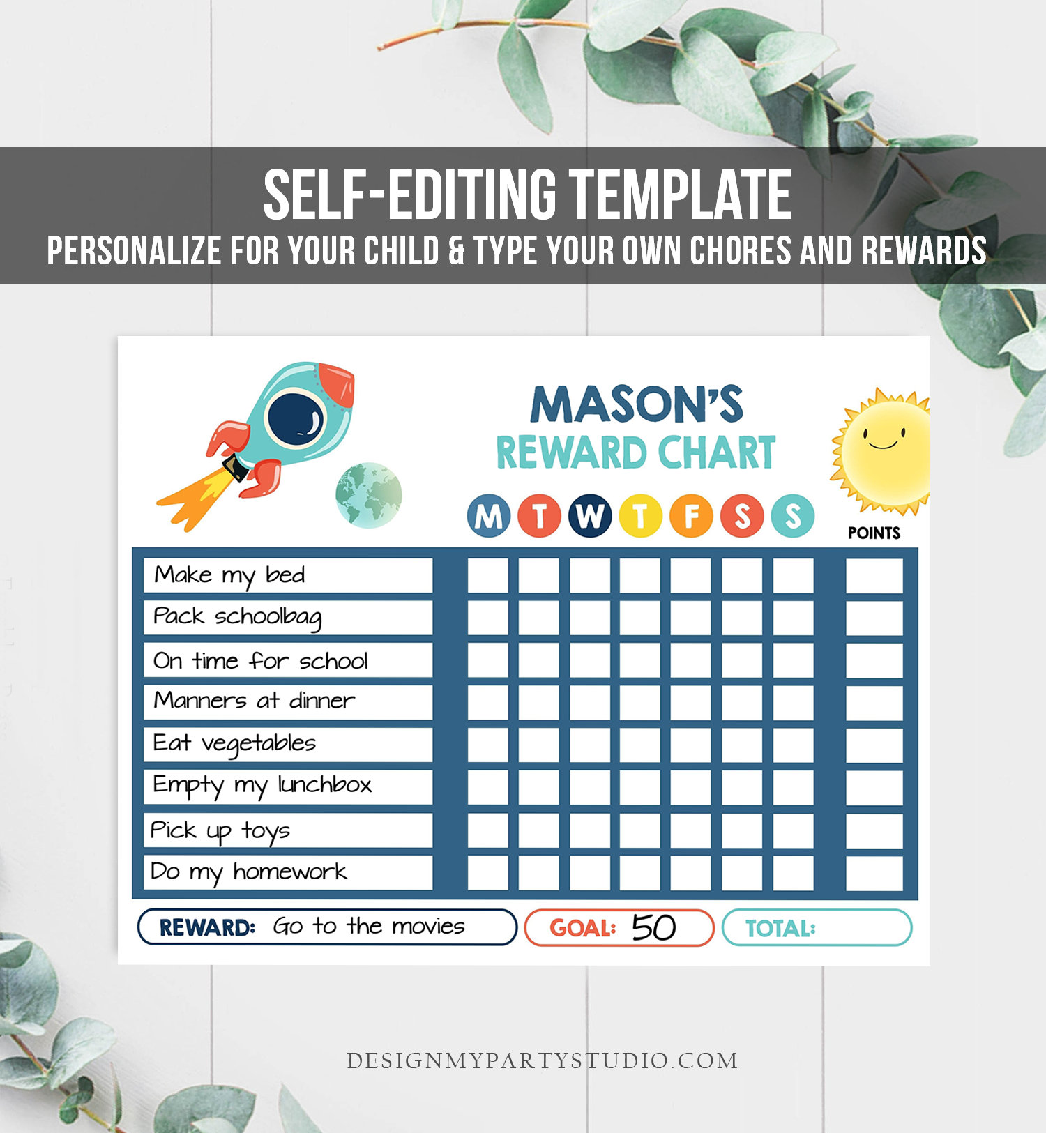 Editable Reward Chart for Boys Printable Space Chore Chart for - Etsy