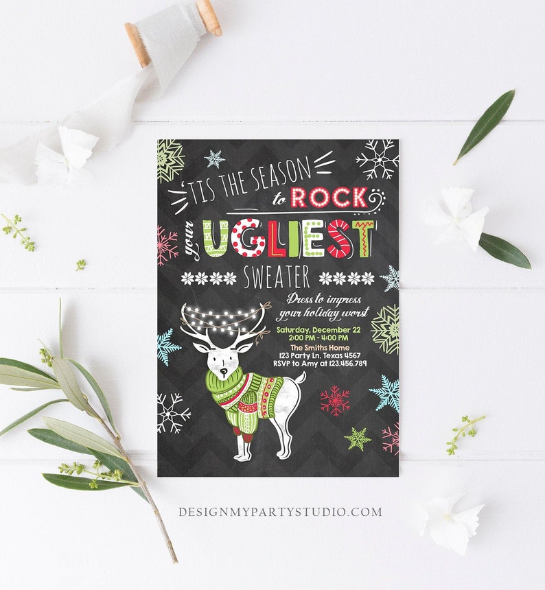 Editable Christmas Ugly Sweater Party Invitation Christmas Sweater ...