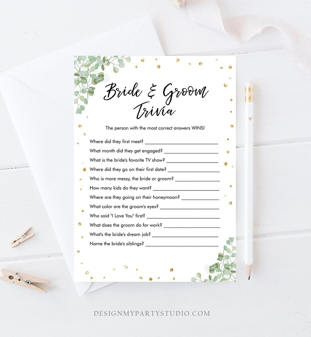 Editable Bride and Groom Trivia Bridal Shower Game Eucalyptus Gold ...