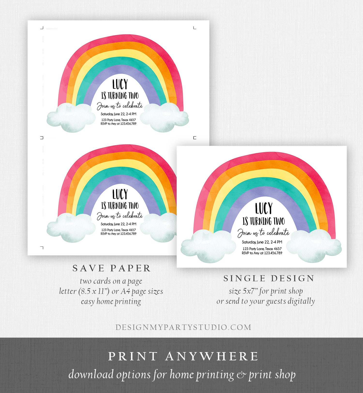 Editable Rainbow Birthday Invitation Kids Girl Boy Neutral Party Clouds ...