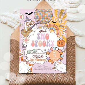 Editable Groovy Halloween Two Spooky Birthday Invitation Pink Ghost ...