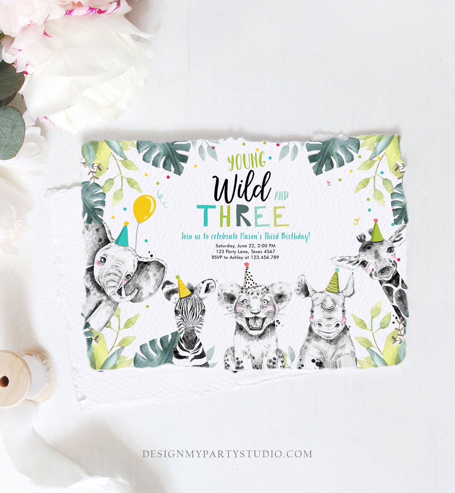 Editable Young Wild and Three Invitation Boy Safari Animals | Etsy