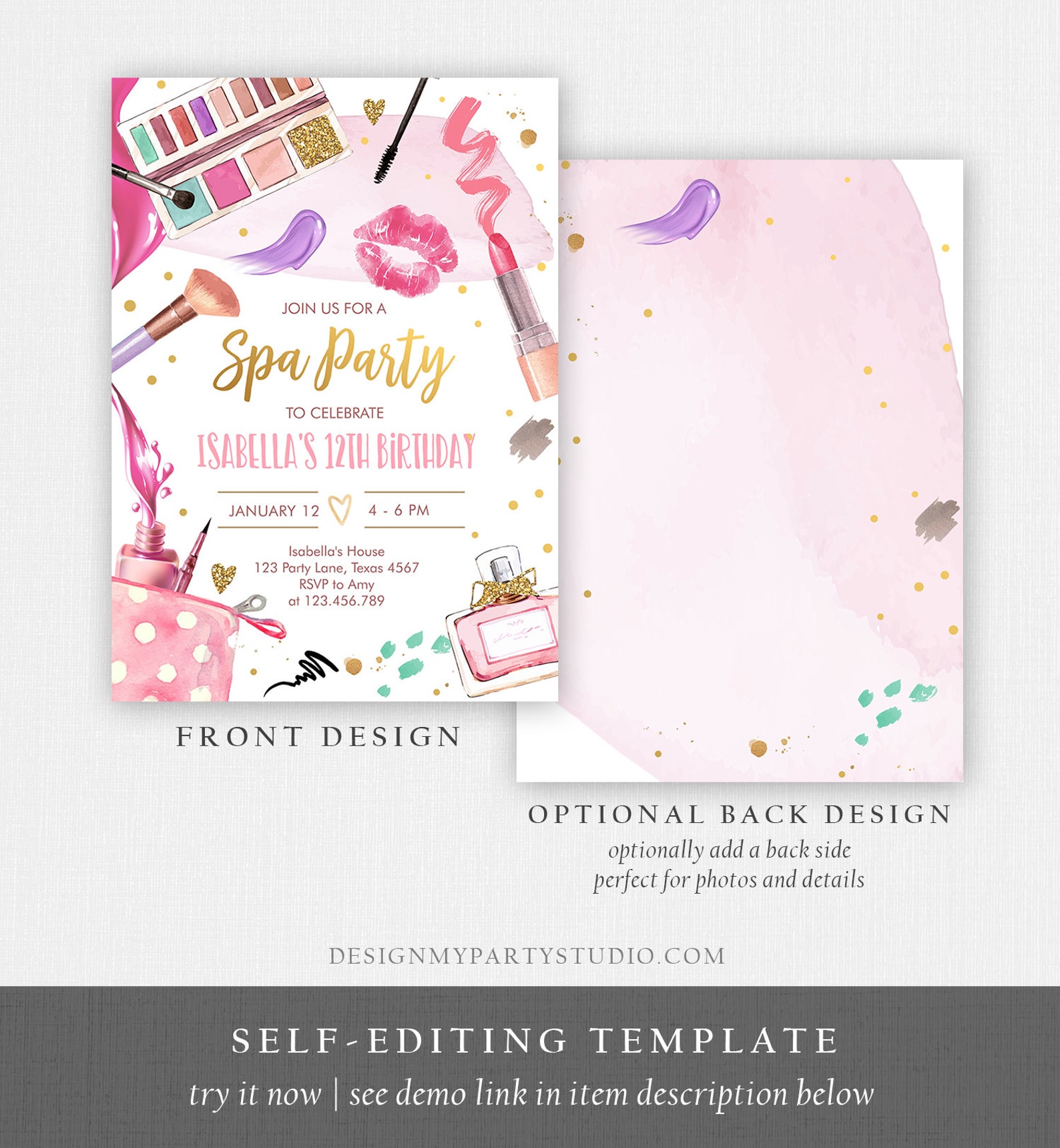 Editable Spa Makeup Birthday Invitation Glam Party Girl Birthday Tween ...
