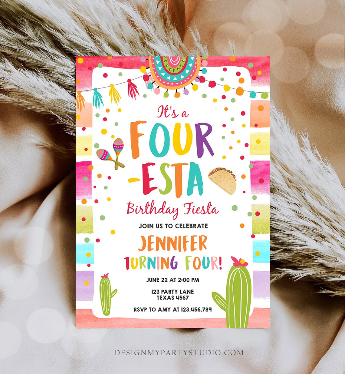 Editable Four-esta Fiesta Birthday Invitation 4th Birthday Four Cactus ...