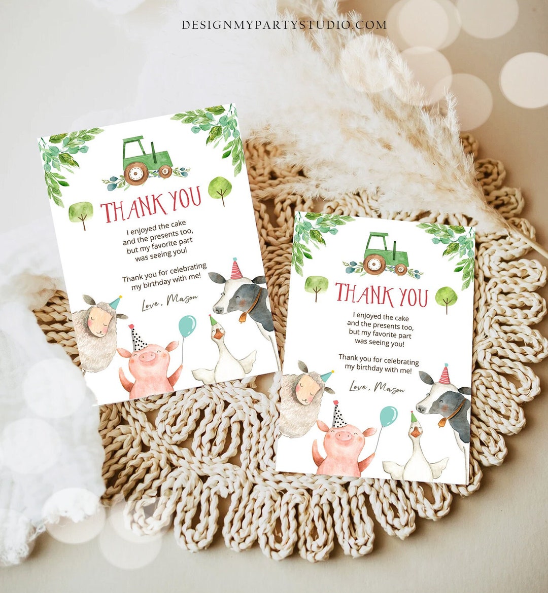 Editable Farm Animals Thank You Card Green Gingham Tractor - Etsy