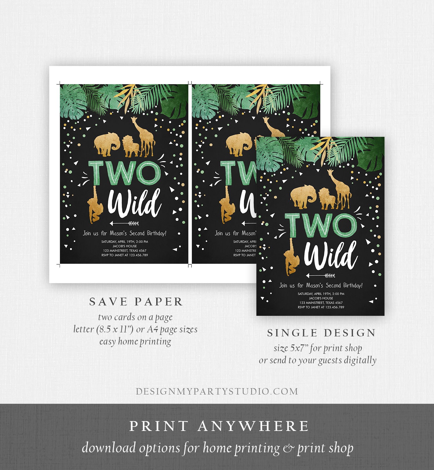 Editable Two Wild Birthday Invitation Safari Animals Wild - Etsy