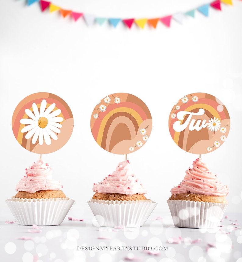Two Groovy Birthday Cupcake Toppers Favor Tags Retro Daisy - Etsy